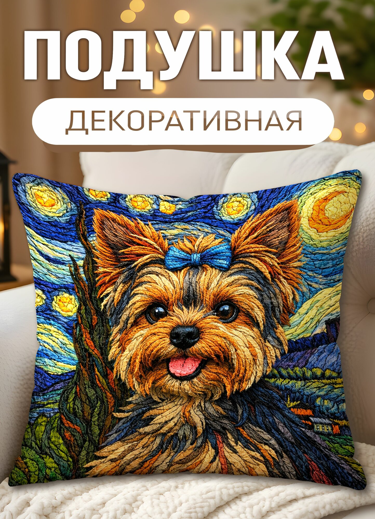 Подушка декоративная Собаки Ван Гог Звездная ночь Йоркширский терьер