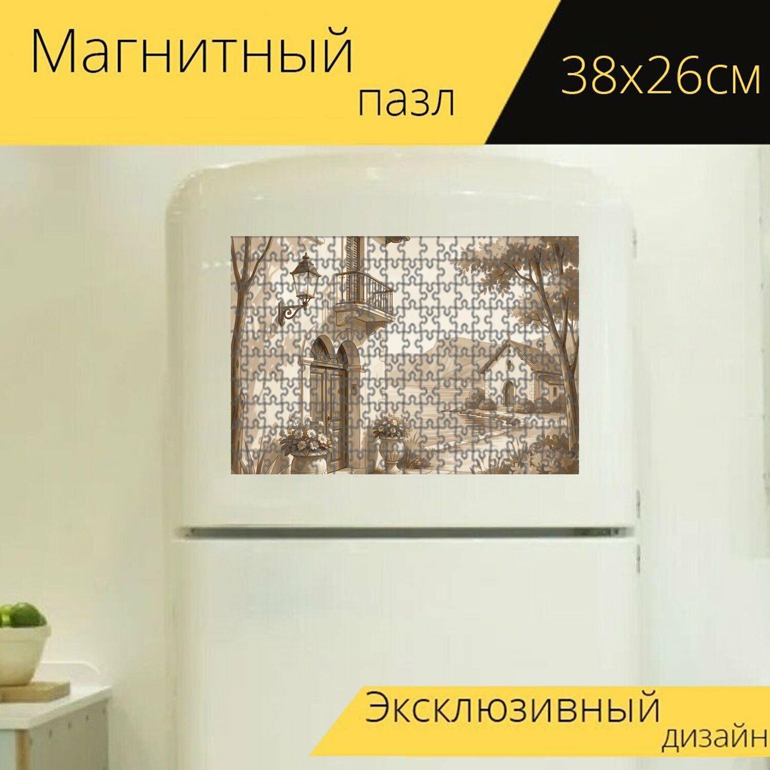 Магнитный пазл "Итальянский дворик у моря. Уютная европейская улочка с домом, балконами, фонарём и цветами у входа, рядом небольшая часовня, морской берег и." для интерьера, 38х26 см.