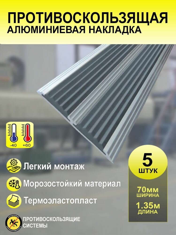 Противоскользящая алюминиевая полоса-накладка с резиновой вставкой, цвет вставки серый, длина 1,35м. Ширина 70 мм 5 штук