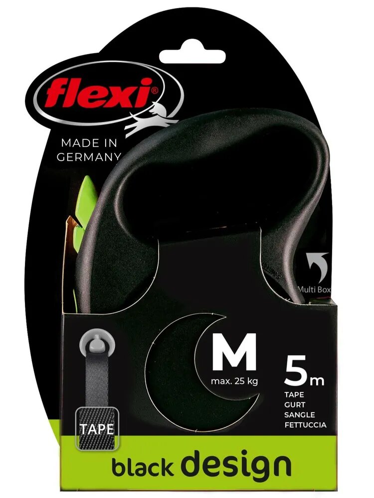 Поводок рулетка для собак Flexi Black Design M (до 25 кг) 5 м лента черный/серебро