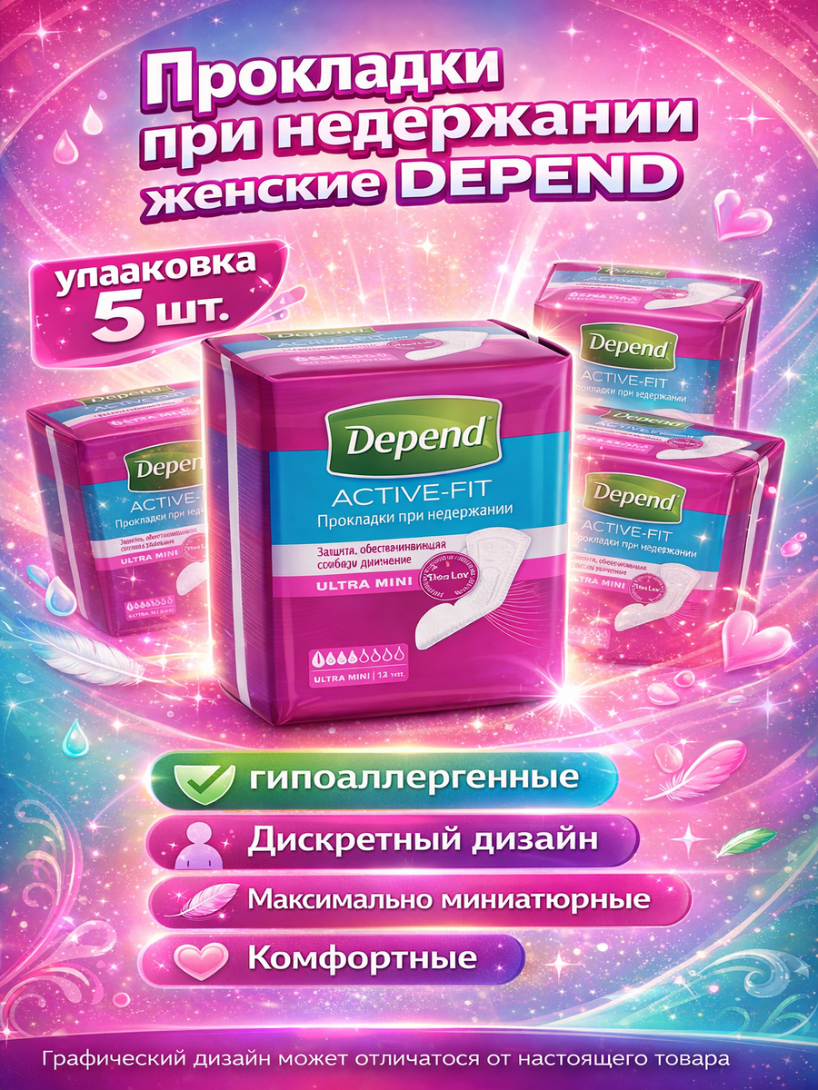 Прокладки при недержании женские DEPEND Ultra Mini, 12шт x 5 упаковок