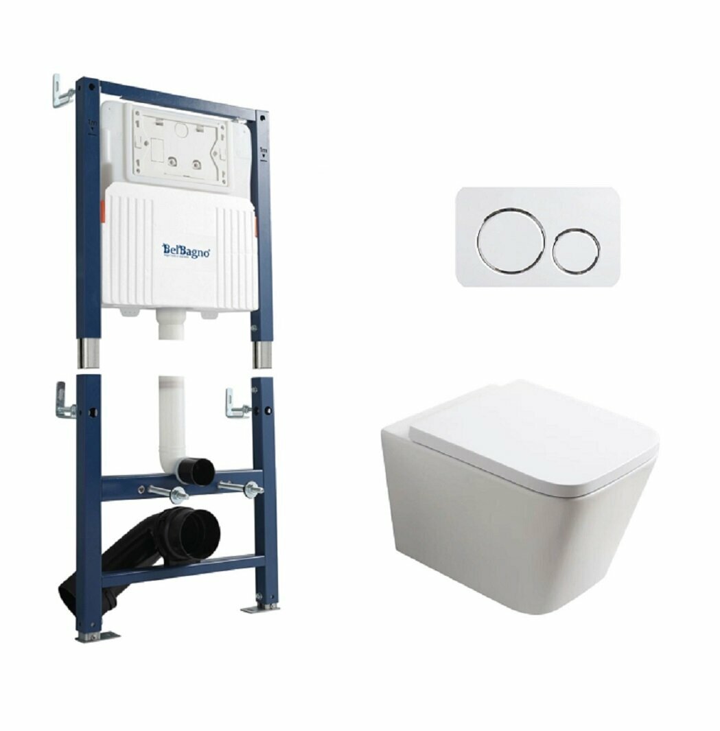 Унитаз подвесной Belbagno NEON-TOR BB-109-M-2216-CRM безободковый, с инсталляцией, смыв торнадо, с крышкой микролифт, белый