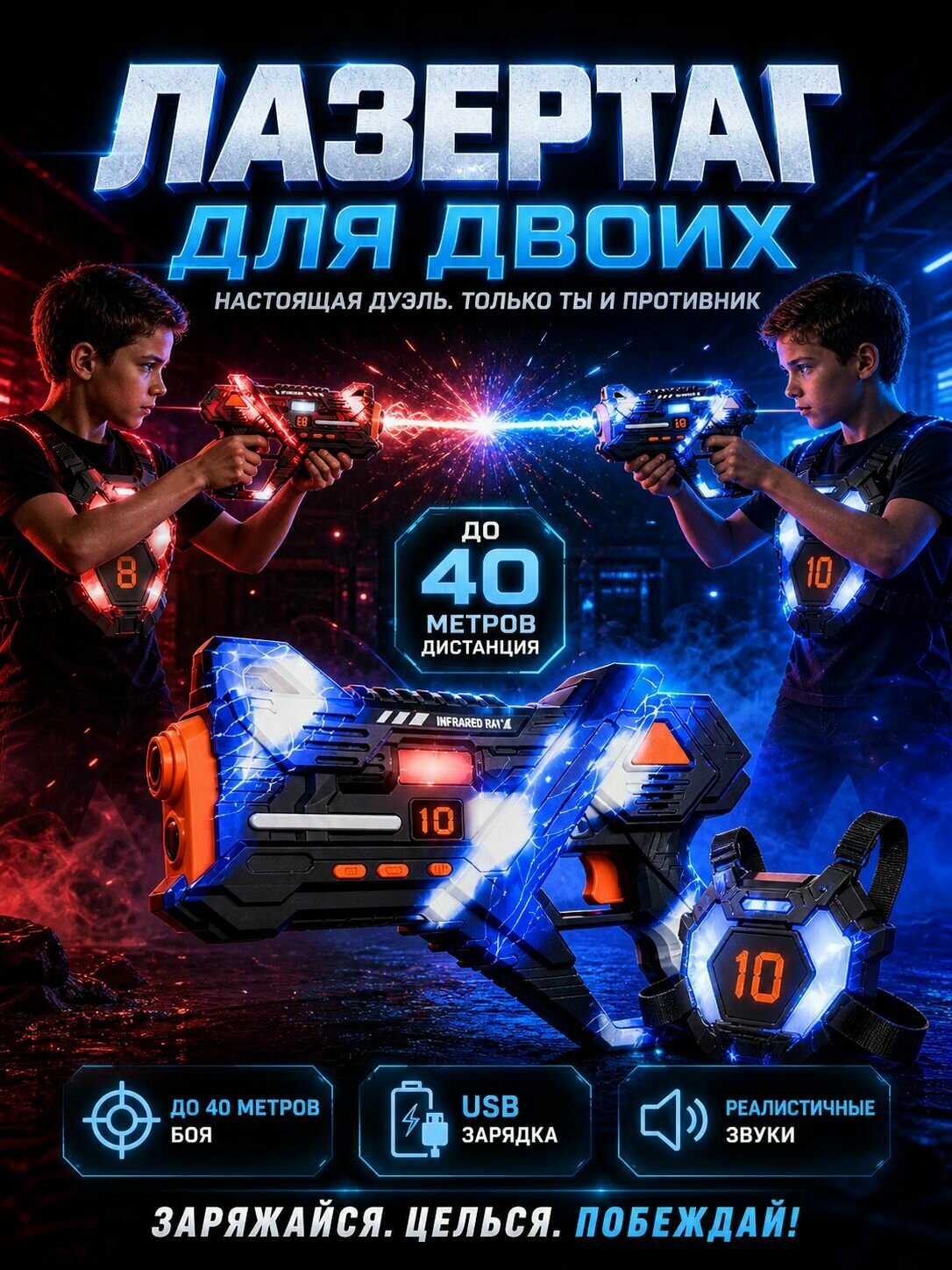 Игровой набор лазертаг на 2 игрока с жилетами CSTAG игра c аккумуляторами