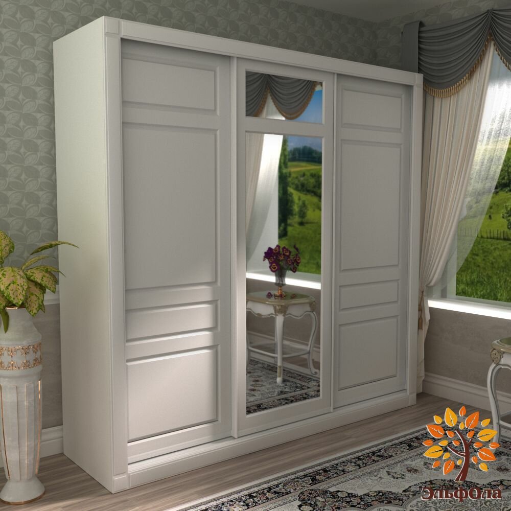 ЭльфОла Шкаф-купе "Эдгар 3" 175х45х220 см, цвет белый/белый, с зеркалом, для одежды, трехдверный