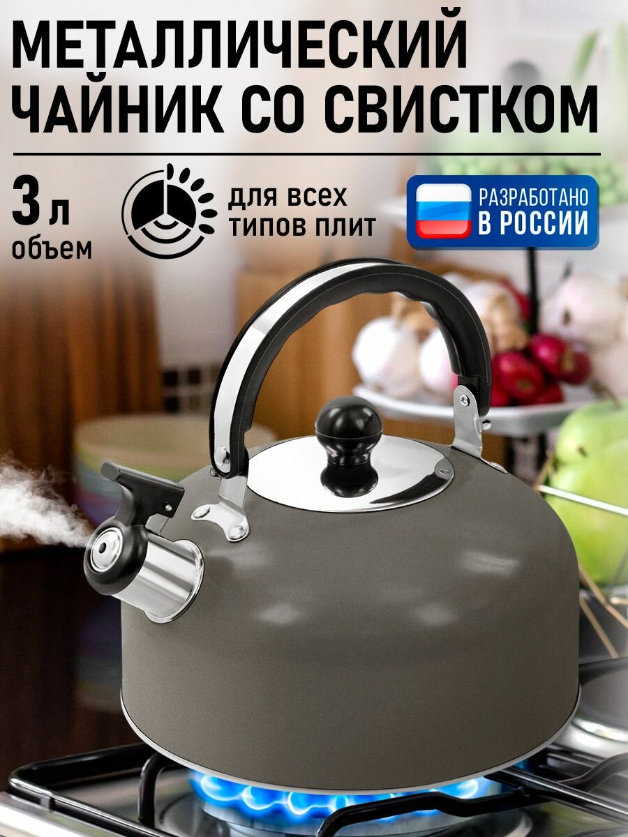 HOME ELEMENT Чайник со свистком нерж. сталь 3 л, темно-серый матовый