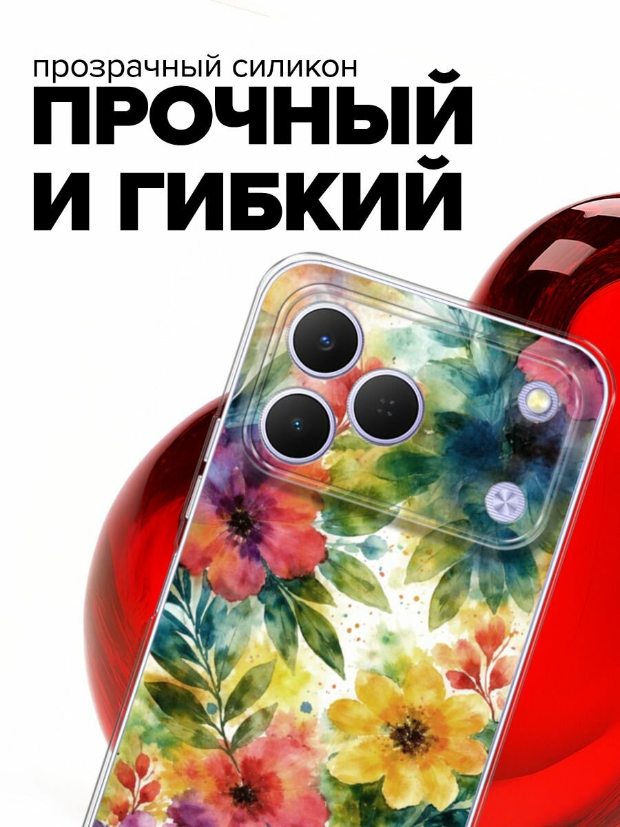 Чехол на Tecno Spark 50 / Текно Спарк 50 с принтом Яркие акварельные цветы — фото 1
