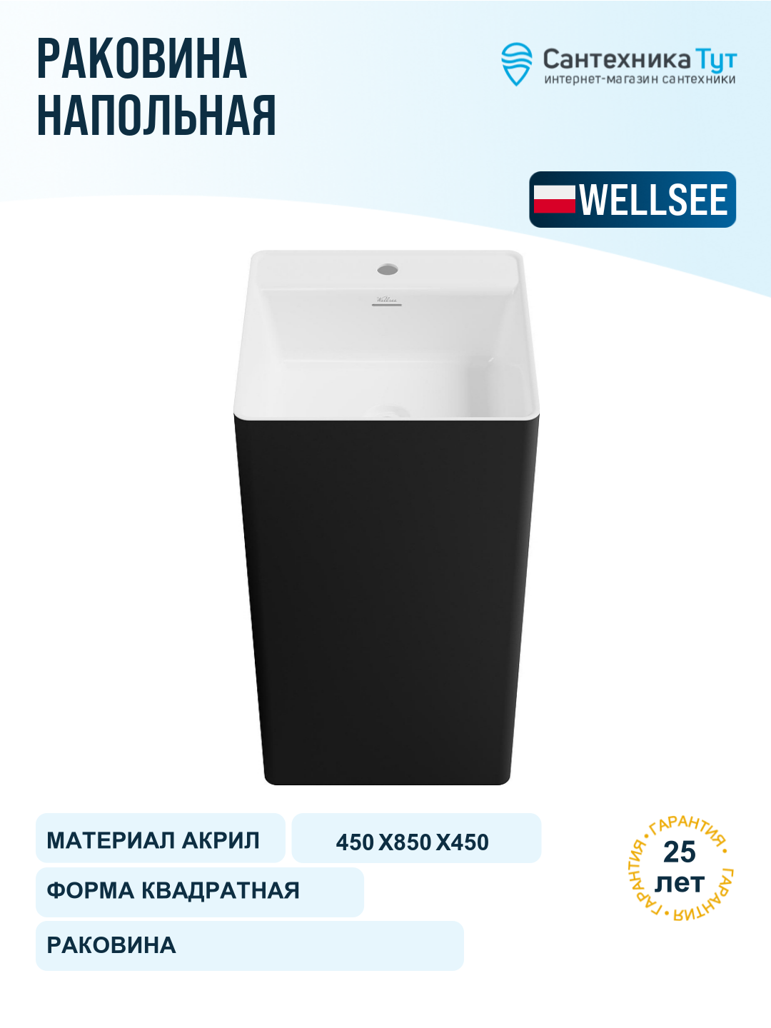 Раковина Wellsee Pure BY Wellsee 45 230716000 цвет Черный матовый Белый Глянцевый