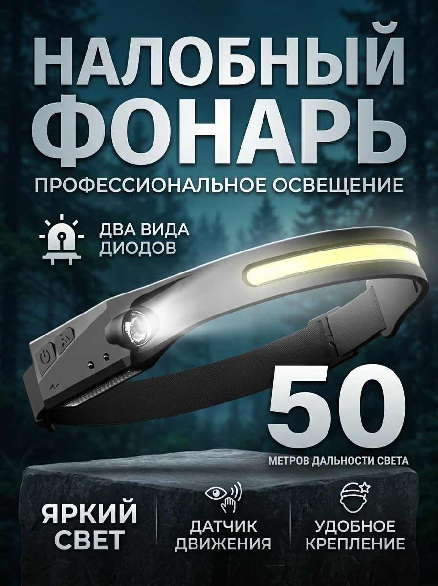 Налобный фонарь светодиодный с влагозащитой,/Аккумуляторный, LED, для рыбалки, охоты/с зарядкой от USB