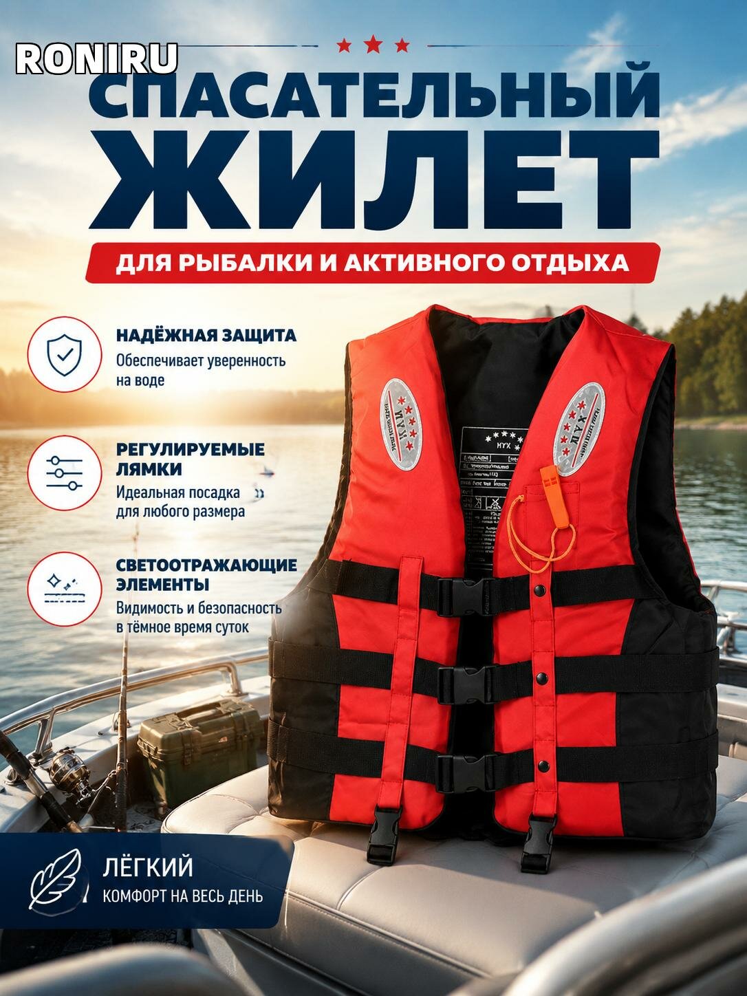 Спасательный жилет для рыбалки и активного отдыха — легкий, надежный, с регулируемыми лямками и светоотражающими элементами