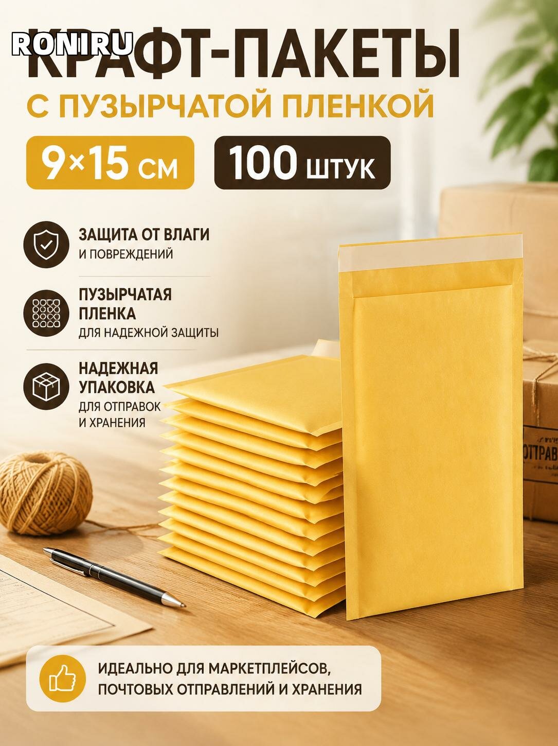 Крафт-пакеты с пузырчатой пленкой 9х15 см, 100 шт — для упаковки и защиты от влаги и повреждений при отправке.