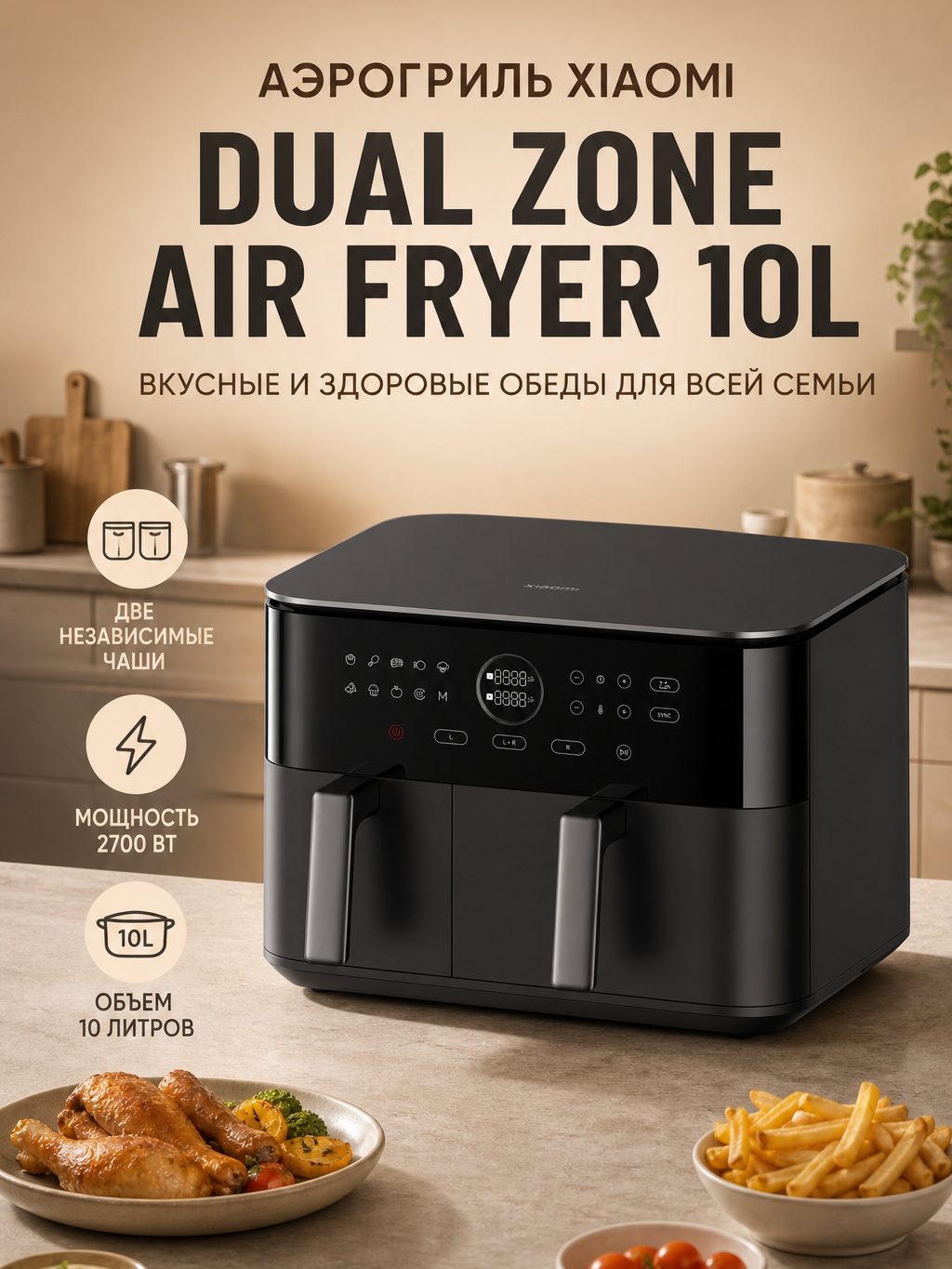 Аэрогриль Xiaomi Dual Zone Air Fryer 10L, 10 л, 9 программ, черный (BHR07SGEU)