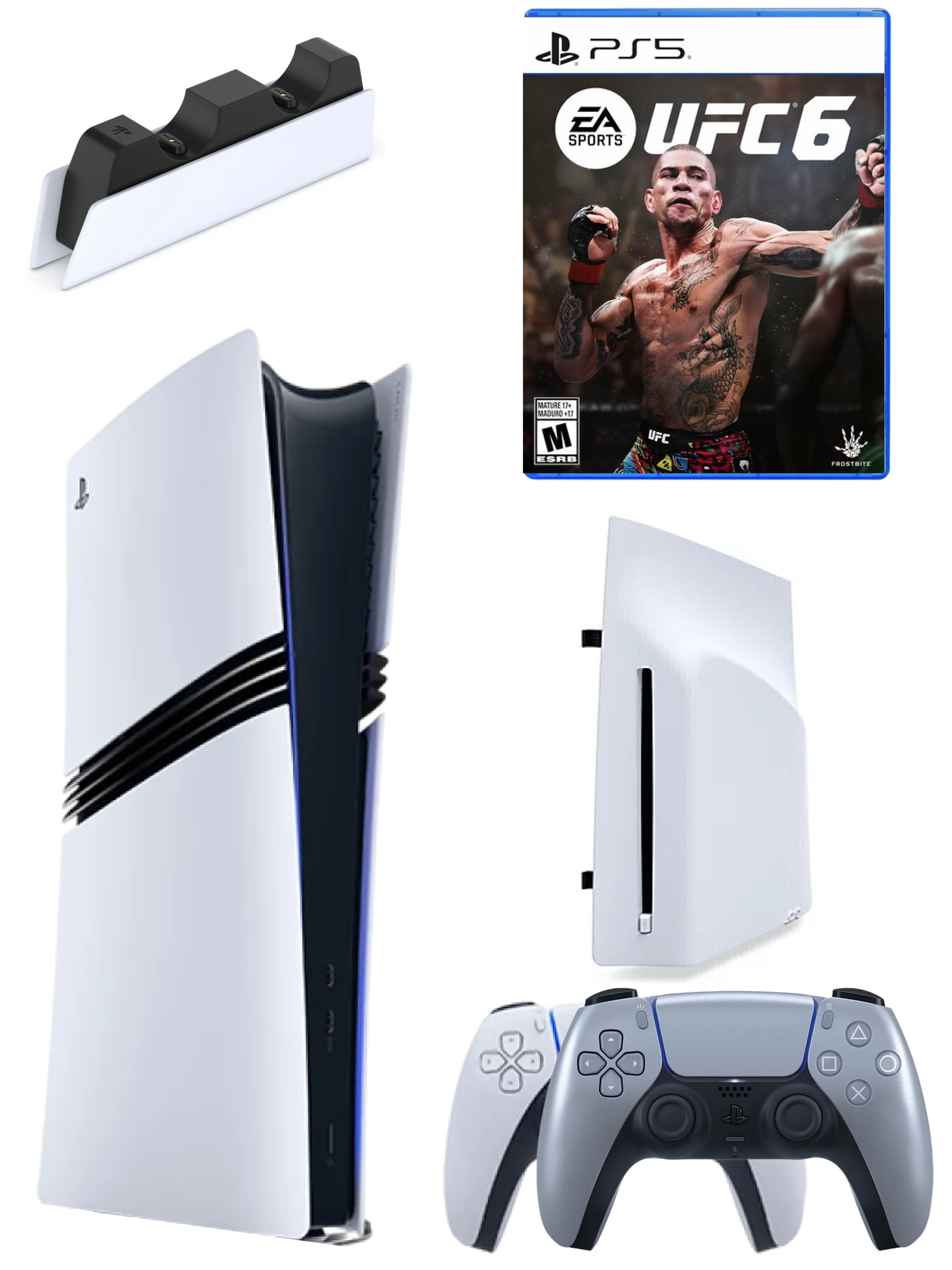 Игровая приставка Sony PS 5 Pro Digital Edition+Зарядная станция+ Дисковод +2-ой геймпад(sterling silver)+UFC 6, 2Tb SSD