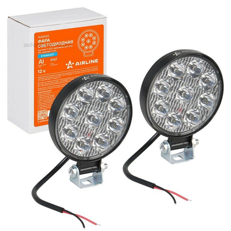 AIRLINE ALED023 Фара светодиодная 9W 9 диодов 83х83х22 12V (круглая, направленный свет) (к-т 2шт) STANDART!