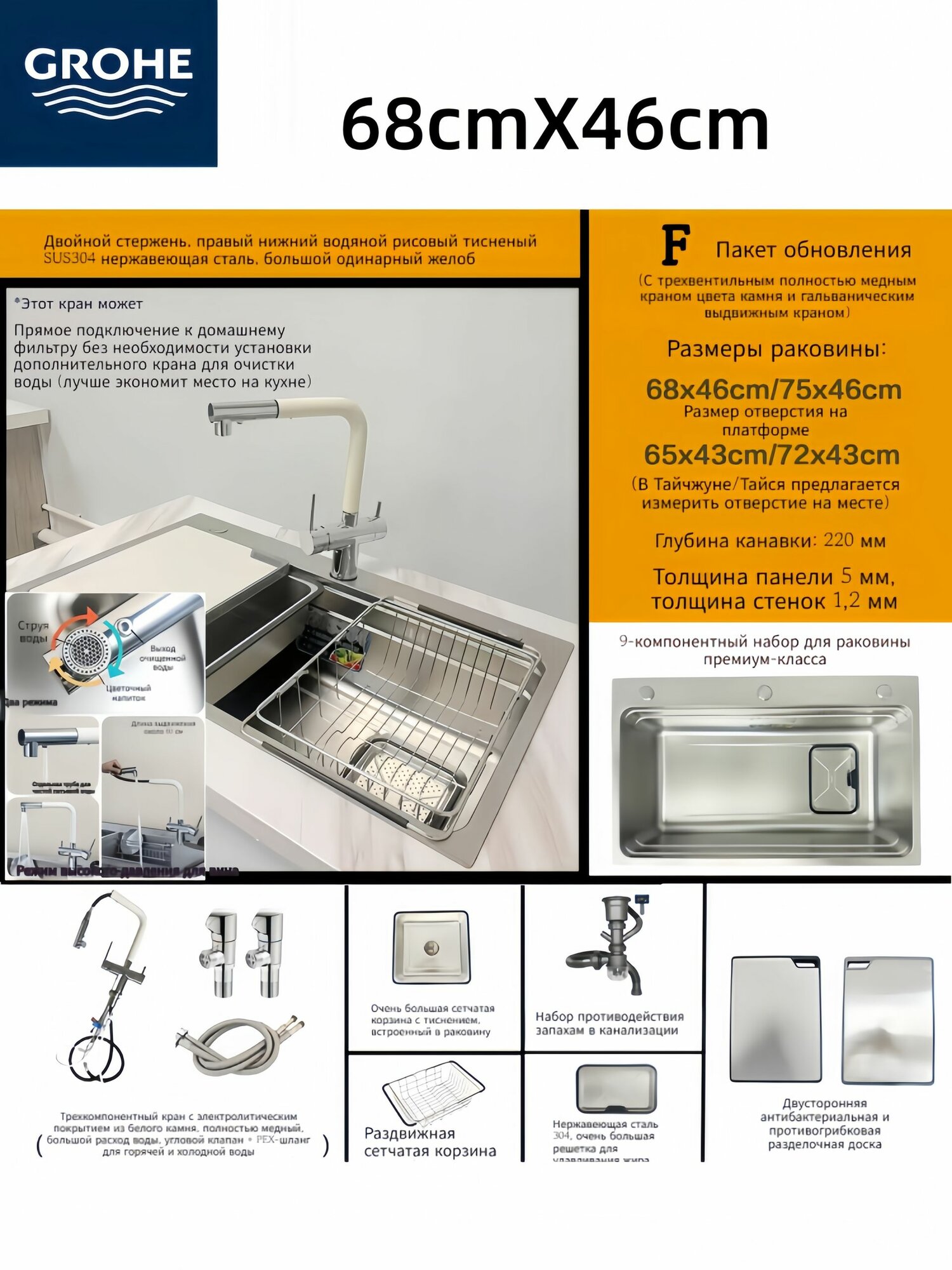 Большая кухонная мойка GROHE из утолщенной нержавеющей стали марки 304 с фактурной поверхностью.