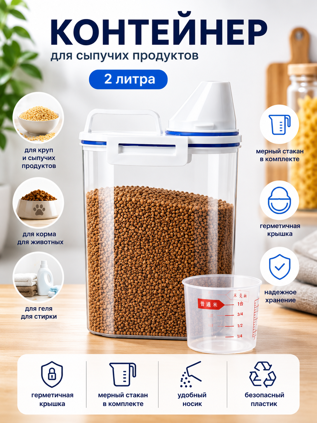Емкость, контейнер для сыпучих продуктов, 2 литра, с мерным стаканом