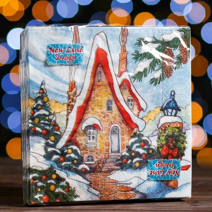Новогодние салфетки бумажные New Line Fresco Зимний домик , 33х33 см, 3 слоя