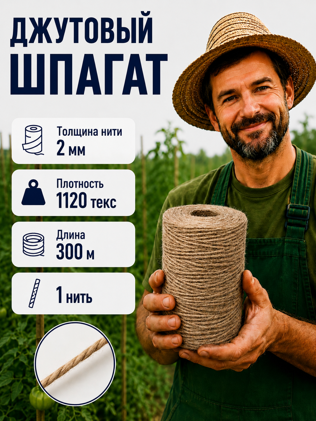 Шпагат джутовый 300м x 2мм бечевка веревка, джут для рукоделия, пряжа, для подвязки растений