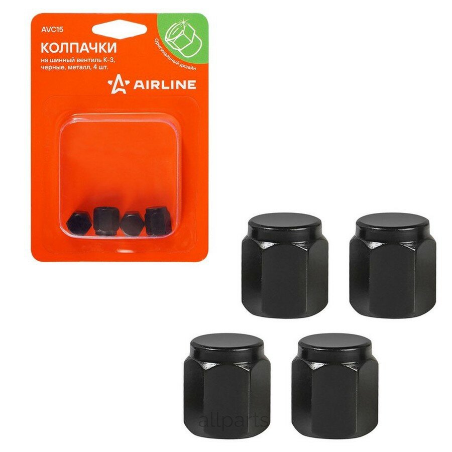 AIRLINE AVC15 Колпачки на шинный вентиль K-3 черные металл 4 шт. (AVC15)