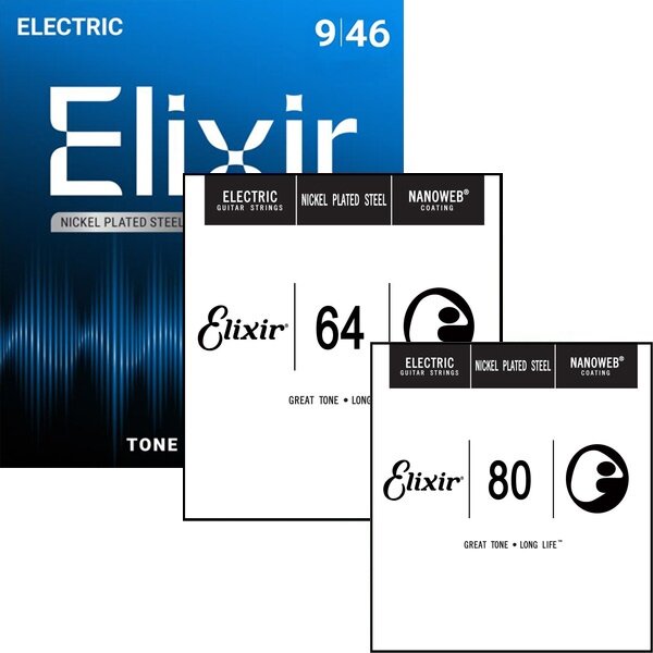 Струны для электрогитары Elixir 12027 Nanoweb Custom Light + Elixir 15264 And Elixir 15280 String 9-80