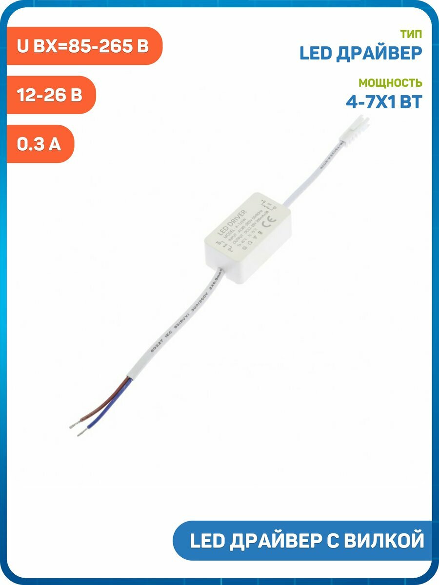 LED драйвер с быстросъемной вилкой в корпусе 4-7x1 Вт/12-26 В/0.3 А Uвх-85-265 В