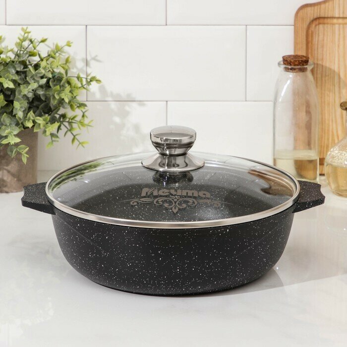 Жаровня Гранит black Induction Pro , 3 л, индукция, стеклянная крышка, антипригарное покрытие