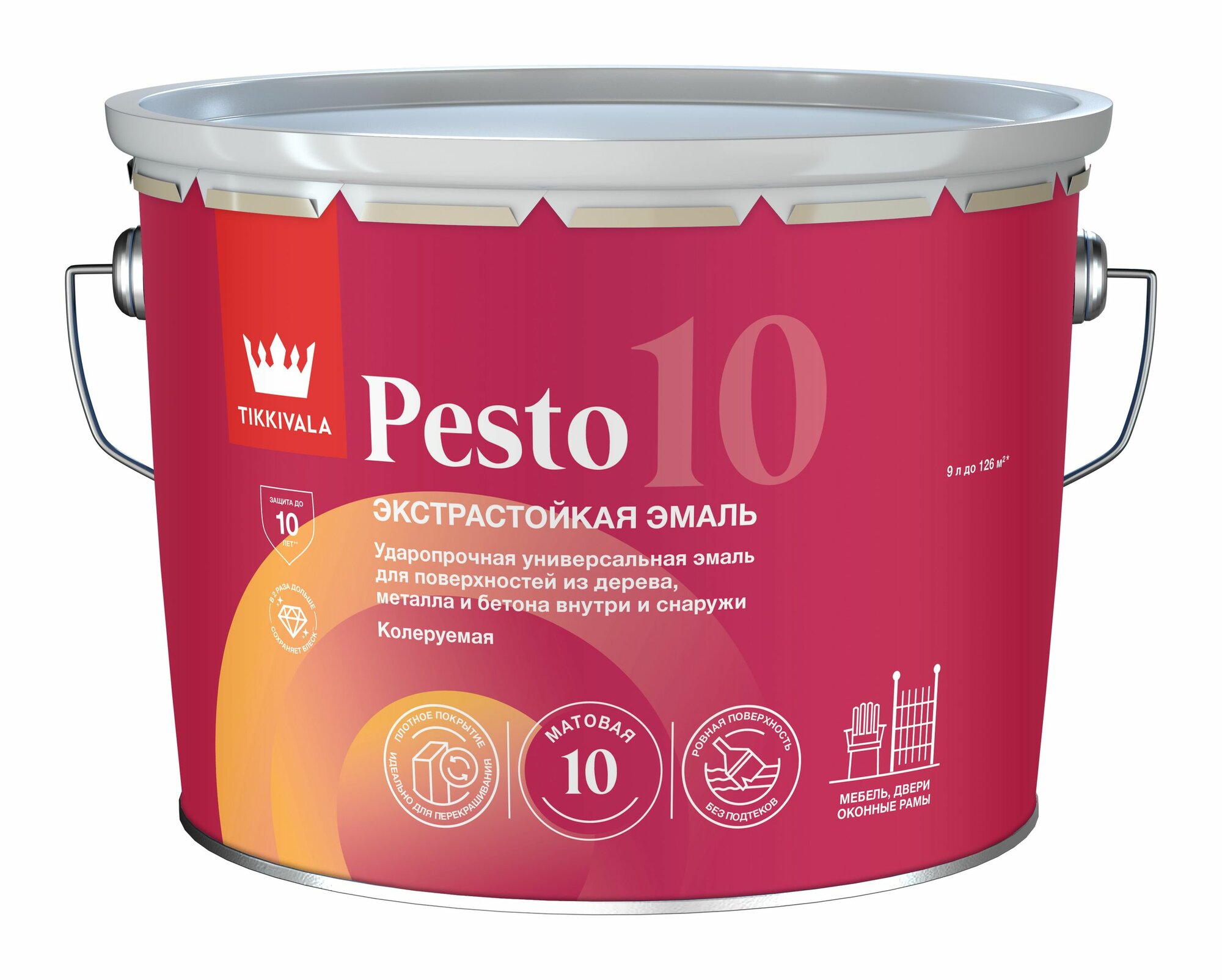 Эмаль Tikkurila Pesto 10, Белая, 9л, матовая, стойкая универсальная, стены, потолки, двери и окна, база А