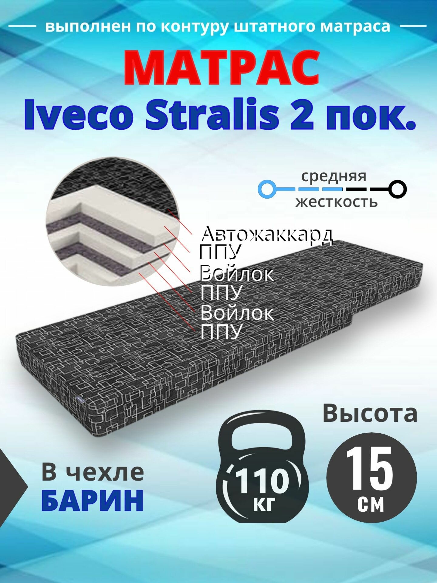 Матрас Iveco Stralis 2 (15 см) в нижний спальник, беспружинный, аналог штатного матраса Ивеко Стралис, 192x60 см