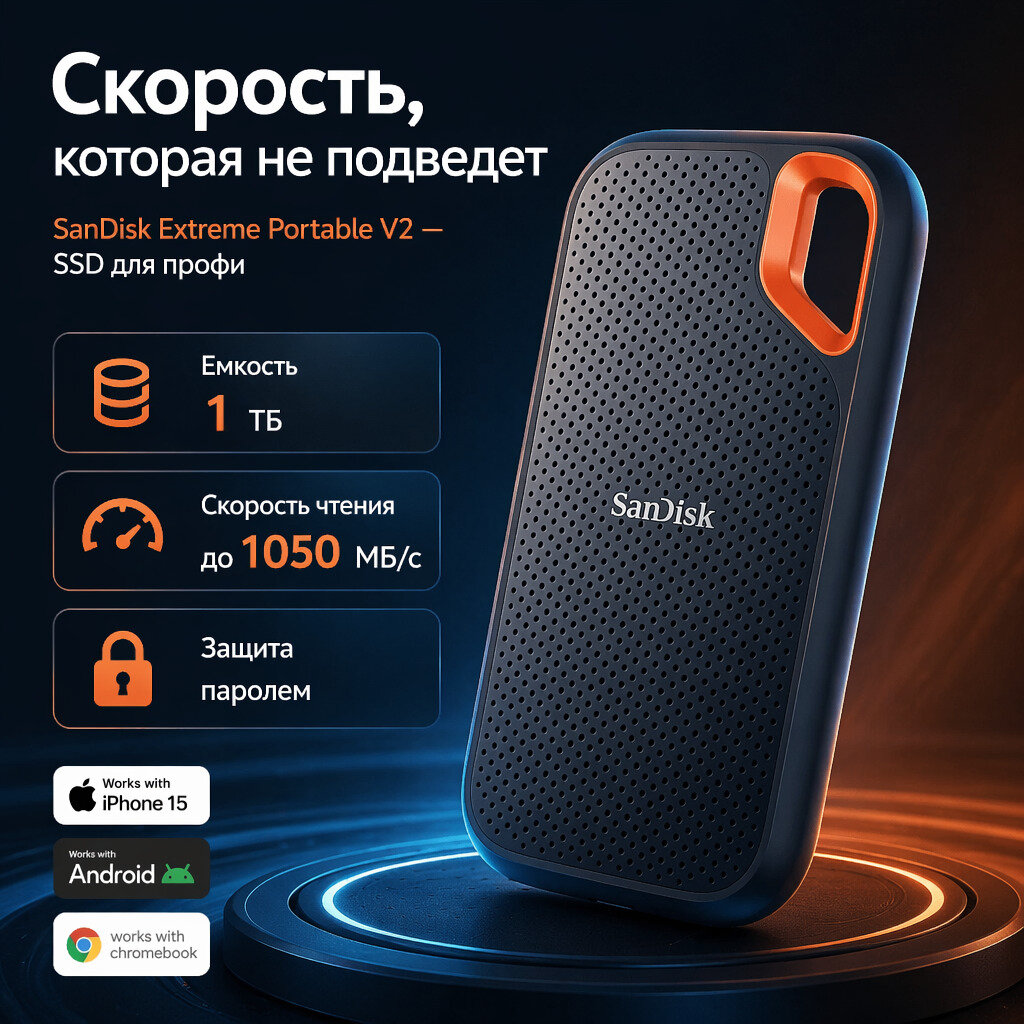 1 ТБ Внешний SSD SanDisk Extreme Портативный SSD, USB 3.2 Gen 2 Type-C, SDSSDE61-1T00-Z25, черный