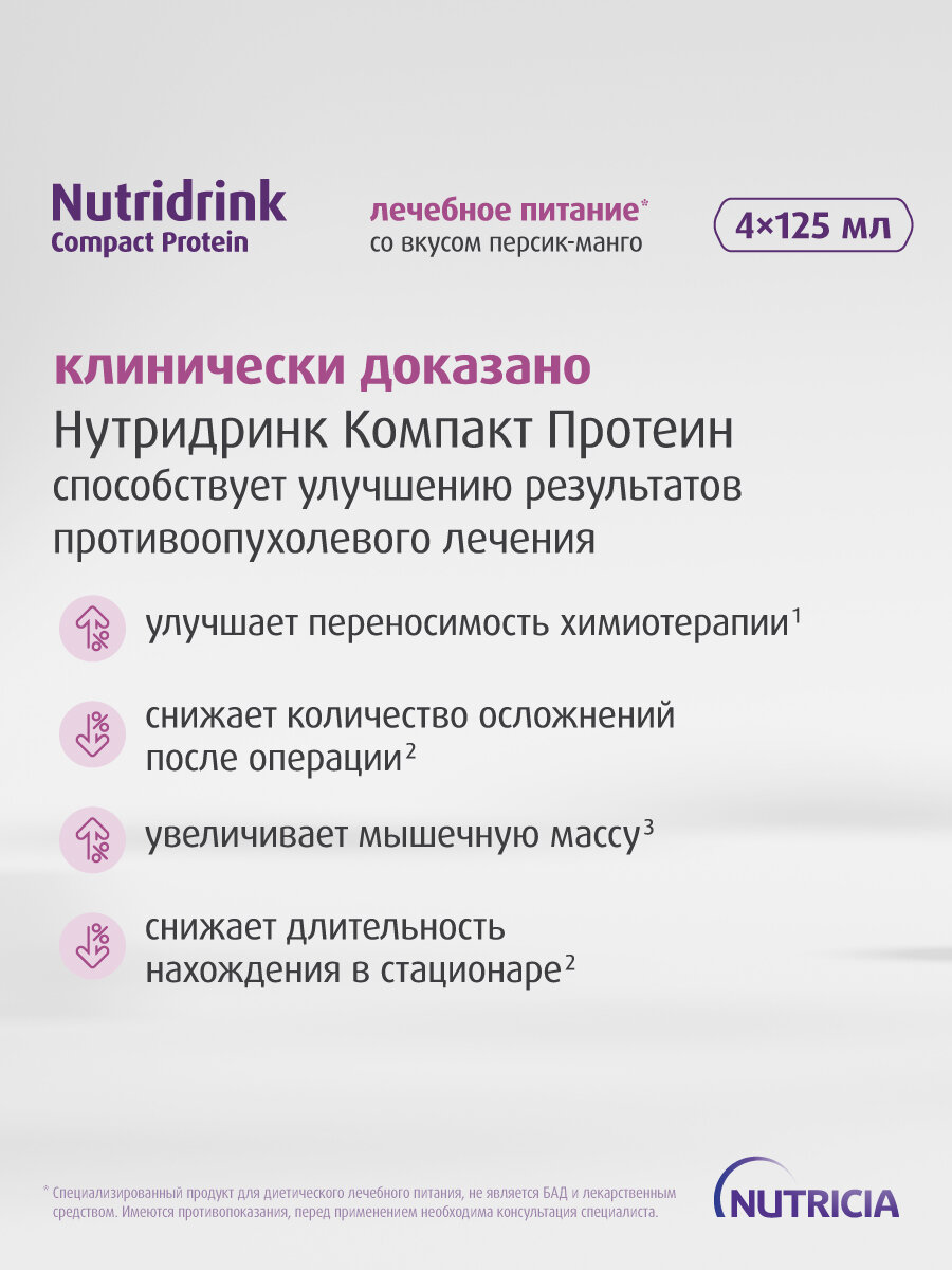 Специализированное лечебное питание Nutridrink Compact Protein со вкусом персика и манго, 4x125 мл, 18+ — фото 1