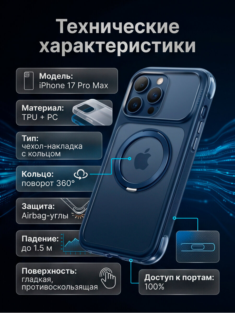 Чехол с кольцом для 17 Pro Max KEEPHONE MONICA AIRBAG PRO синий