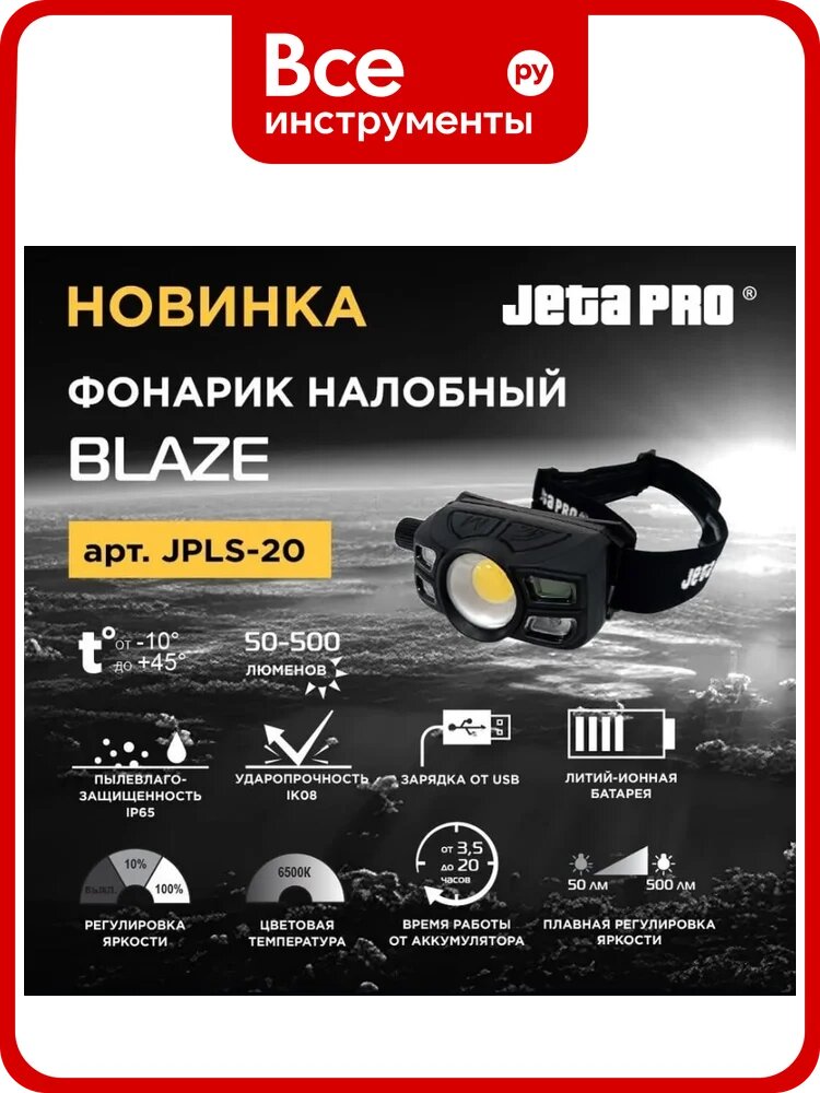 Фонарик налобный Jeta PRO с ремешком для крепления на голове JPLS-20