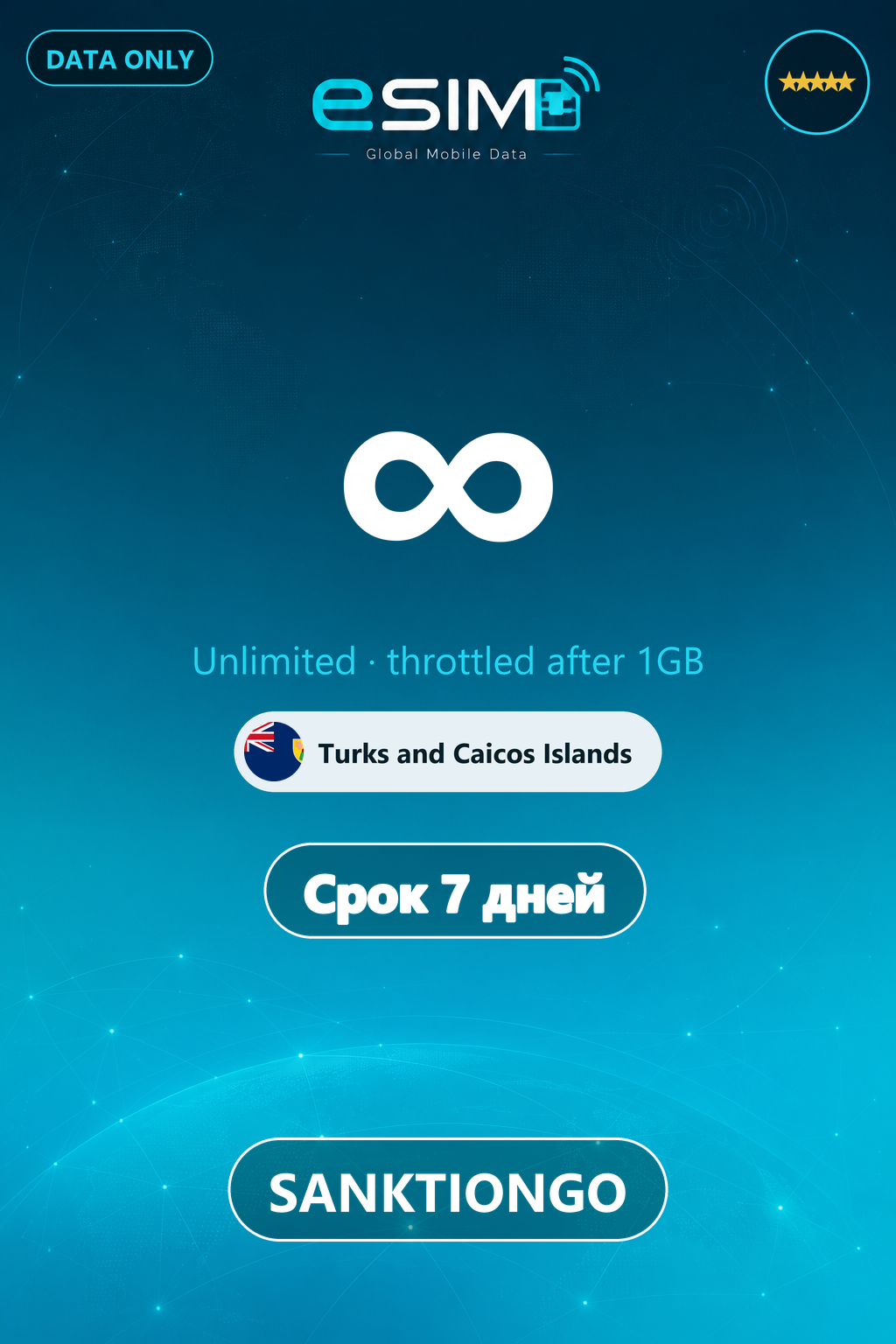ESIM Тёркс и Кайкос — безлимит интернета на 7 дней, туристическая сим-карта для интернета в поездках