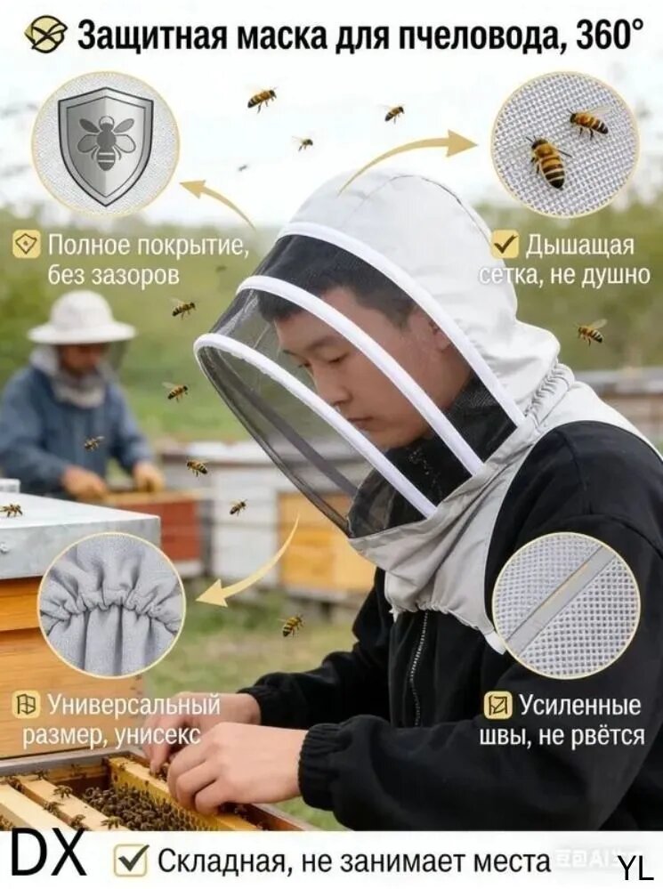 Защитная маска для пчеловода, с сеткой из нержавейки - 360 покрытие, дышащая ткань - для пасеки, сбора роя, защиты от укусов, универсальный размер, бело-серая, складная