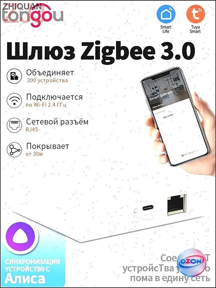 Шлюз Zigbee3.0 Tuya с Алисой Проводной Хаб, Совместим с Alexa, Управление через Smart Life App