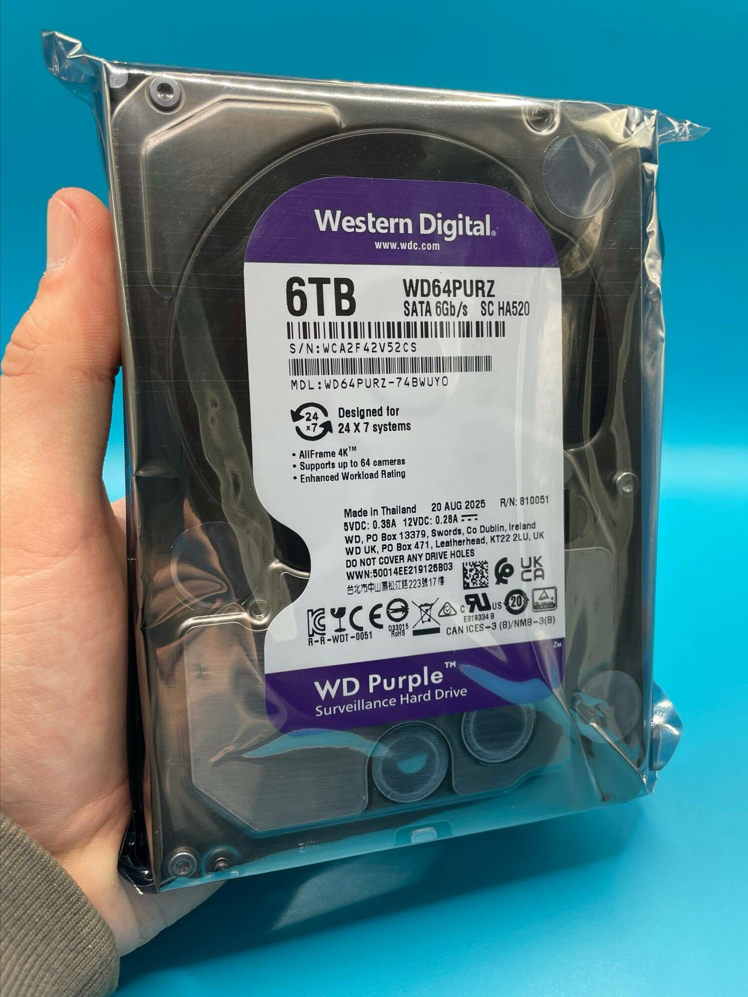 Жесткий диск Western Digital Purple WD64PURZ, 6 Тбайт, форм-фактор 3,5", 5400 об/мин