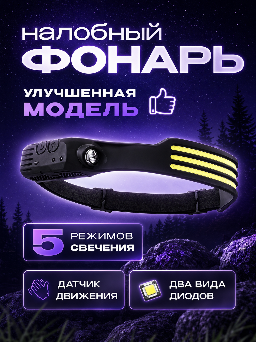 Фонарь налобный светодиодный, Фонарик аккумуляторный с регулируемым размером для рыбалки, Охоты, Туризма, Черный
