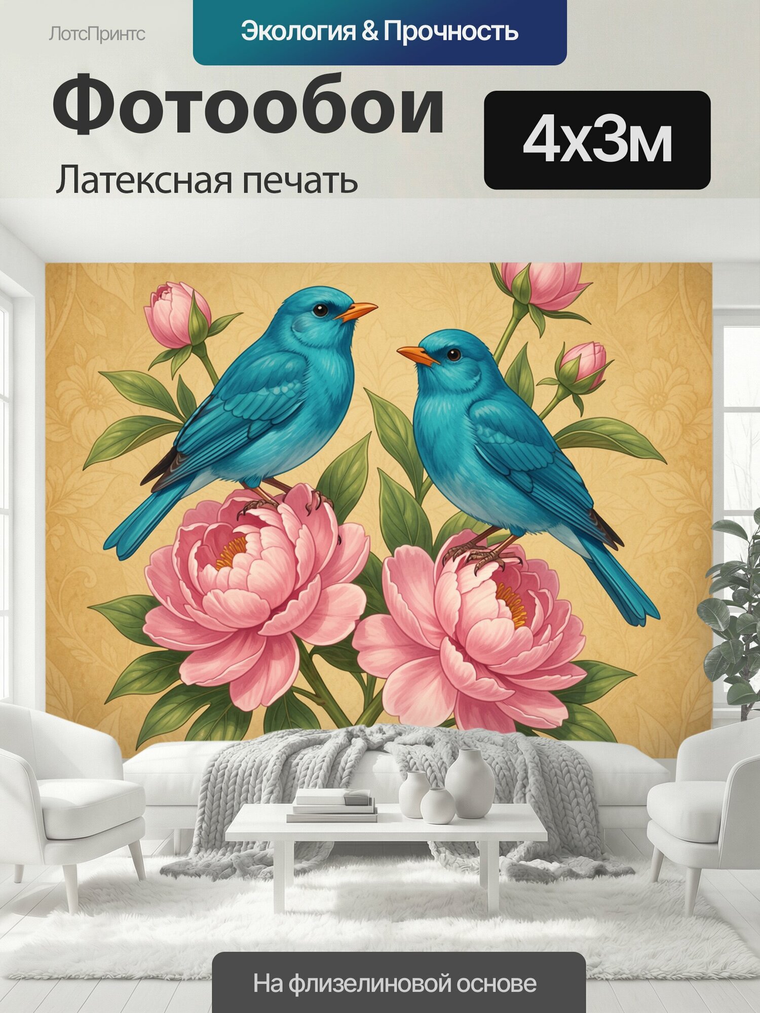 Фотообои моющиеся ударопрочные "Синие птицы среди розовых пионов. Две яркие бирюзовые птахи на фоне нежных розовых цветов и зелёной листвы." 400x300 см. латексная печать