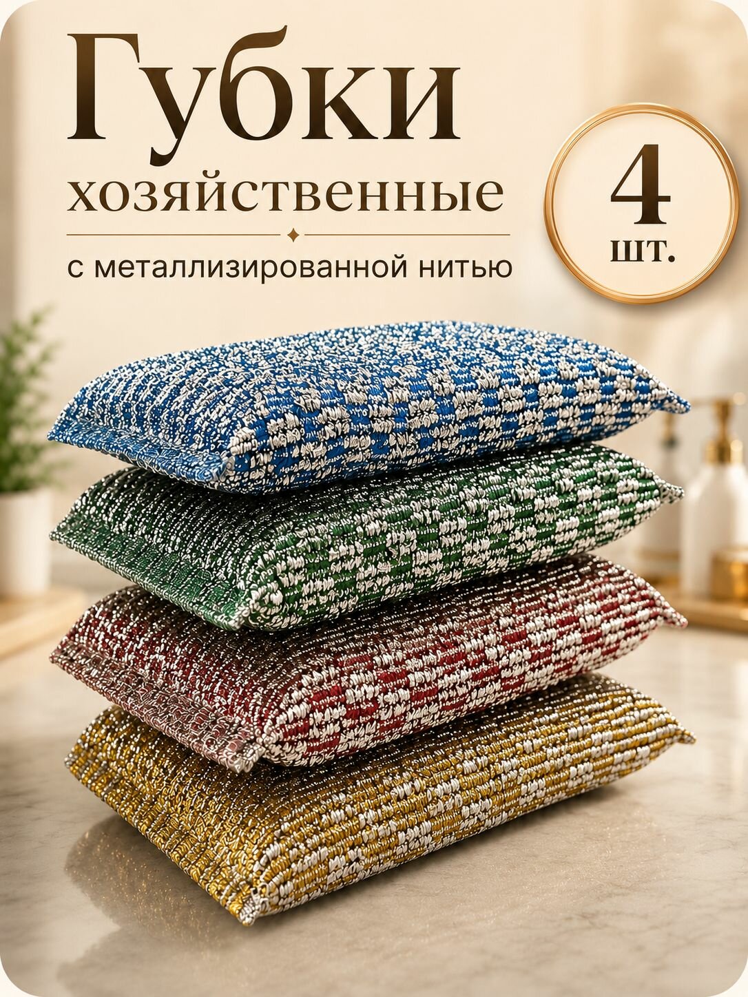 Gloss Home Губка, Поролон, Металлизированная нить, 4 шт.