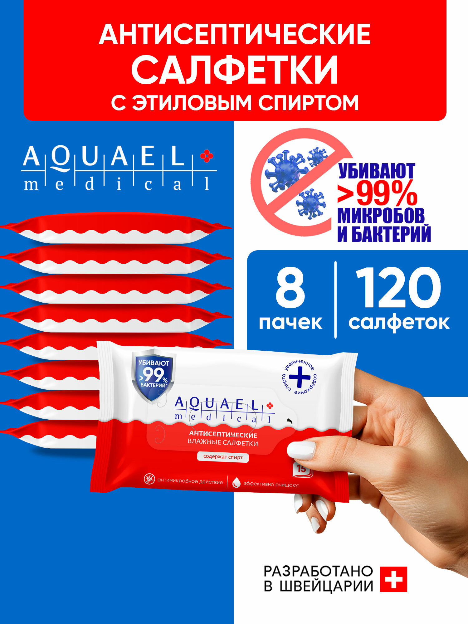 AQUAEL MEDICAL Салфетки влажные антисептические спиртовые 120 шт (8 уп. по 15 шт)