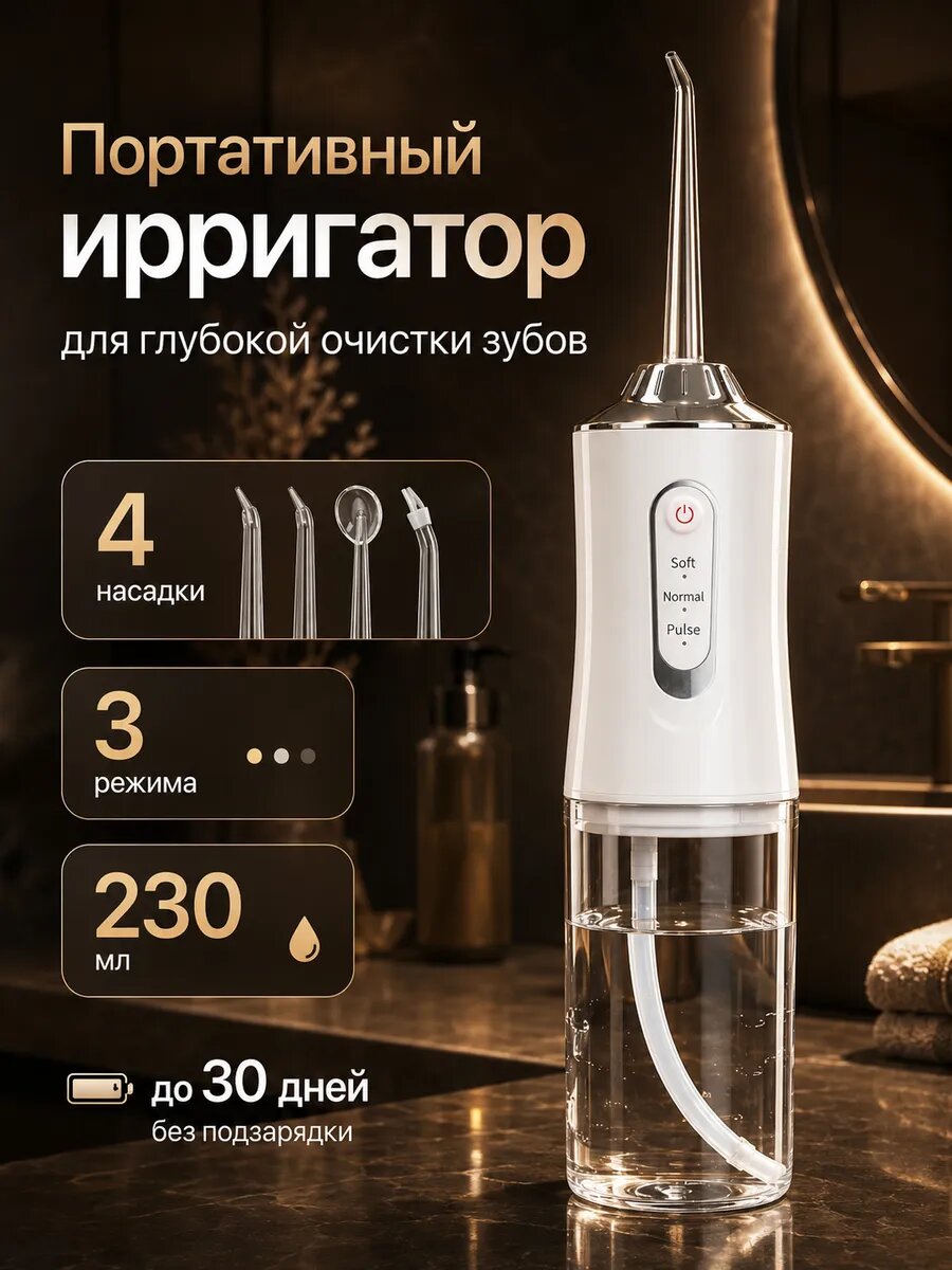 Ирригатор, для зубов, портативный, 4 насадки, импульсный, 600кПа