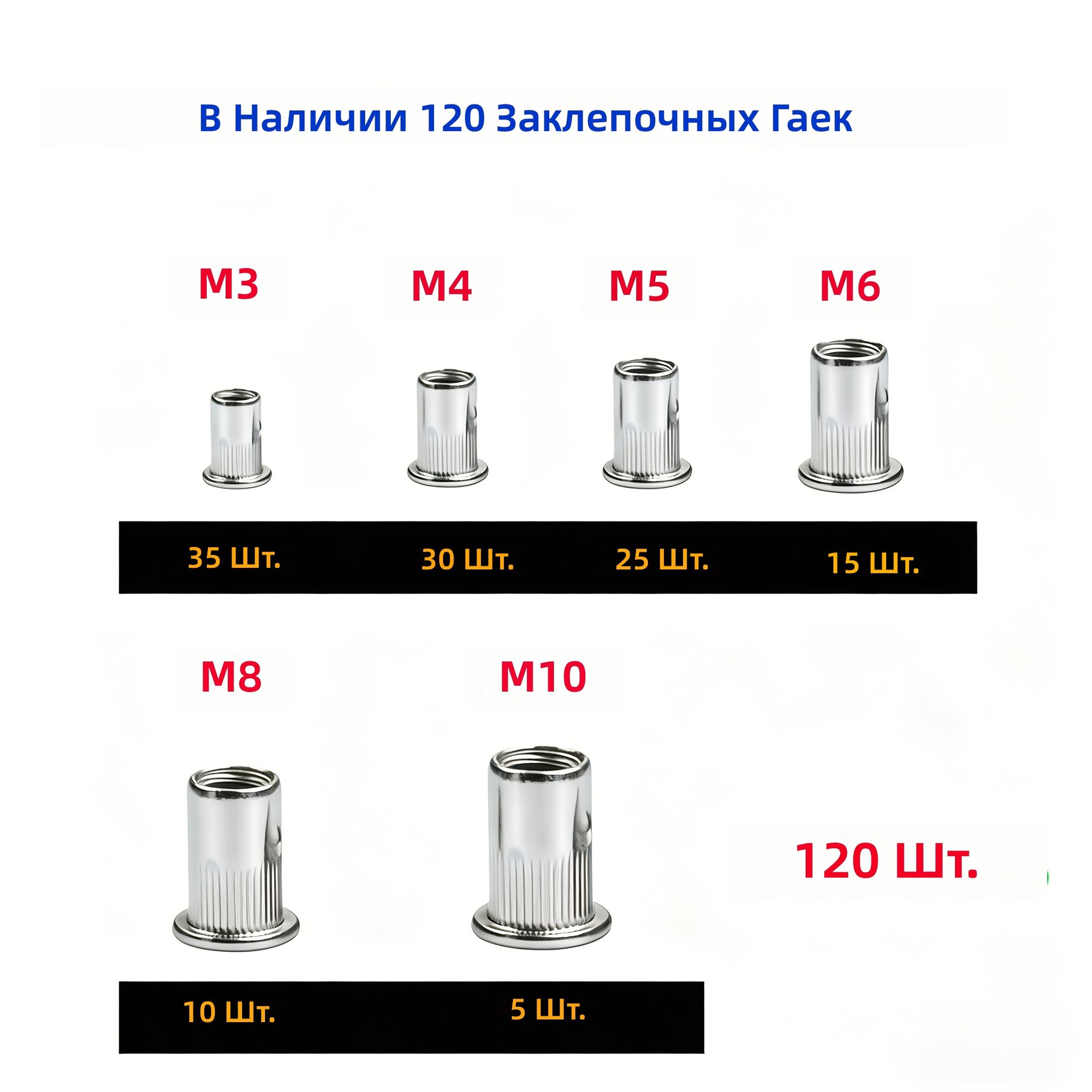 Набор заклепочных гаек 120 шт, M3–M10, плоская головка, рифленые, для листового металла