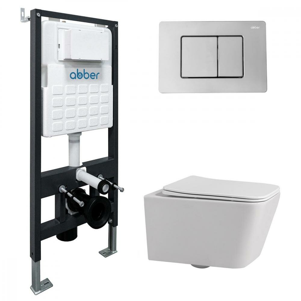Инсталляция с унитазом комплект Abber Rechteck AC1201-AC0105-AC0120 белый, с сиденьем микролифт и кнопкой смыва хром
