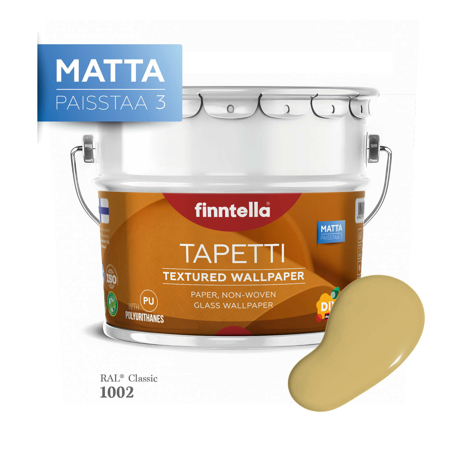 Матовая краска для обоев под окраску TAPETTI Matta FINNTELLA, Цвет RAL 1002 Песочно-желтый (Sand yellow), 9л