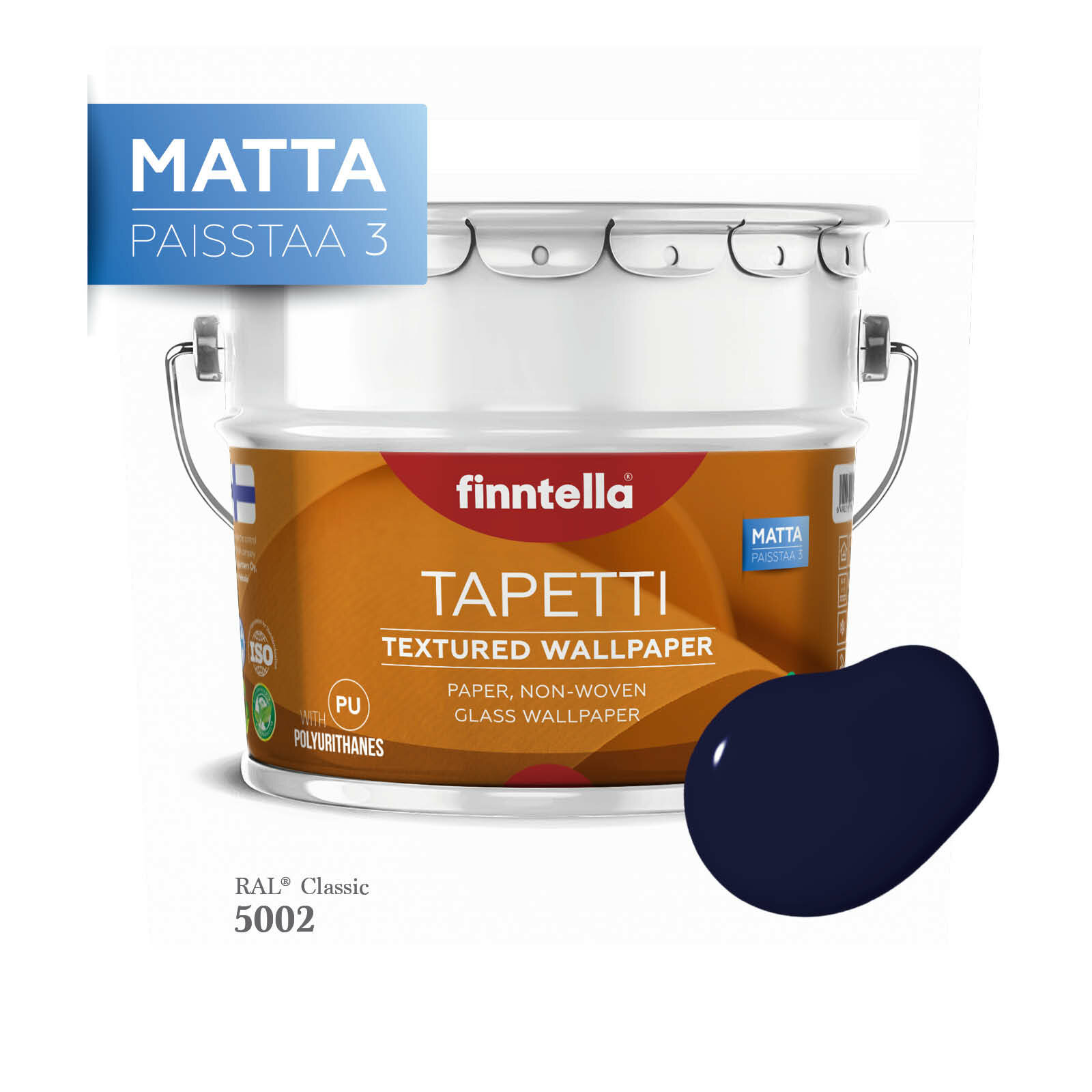 Матовая краска для обоев под окраску TAPETTI Matta FINNTELLA, Цвет RAL 5002 Ультрамарин (Ultramarine blue), 9л