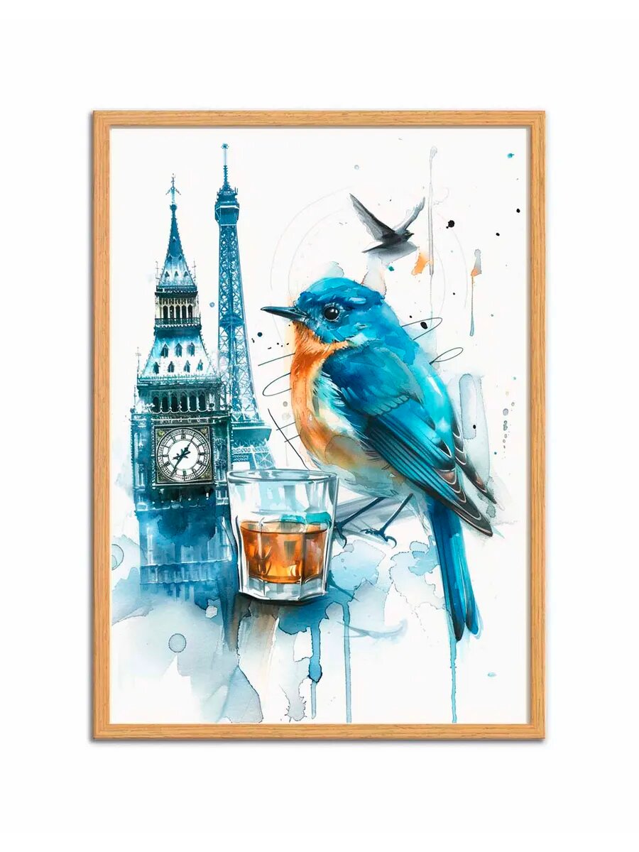 Птица Синяя птица пьет виски 5, Плакат 30x42см