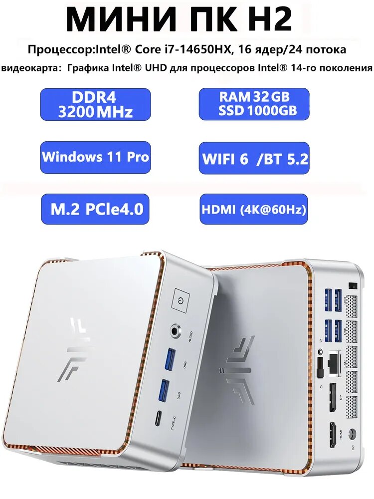 ACEMAGIC Мини-ПК H2 (Intel Core i7-14650HX, RAM 32 ГБ, SSD 1000 ГБ, Intel UHD Graphics, Windows 11 Pro), серебристый