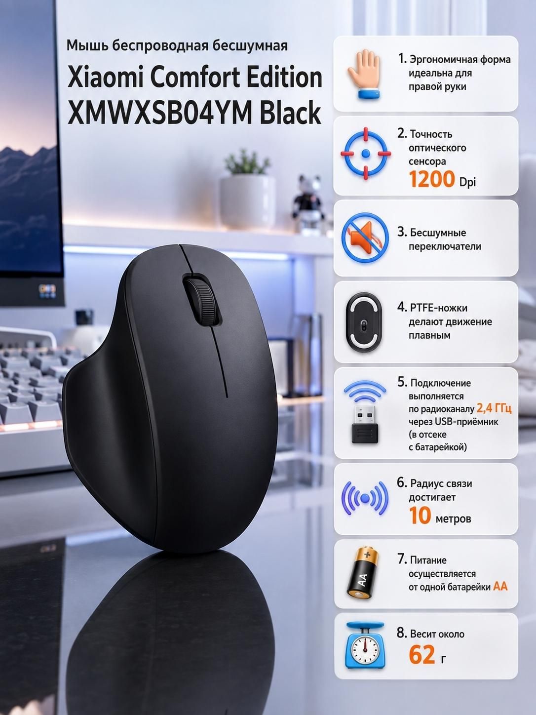 Мышка беспроводная для ноутбука Xiaomi Wireless Mouse Comfort Edition ( XMWXSB04YM ) Black