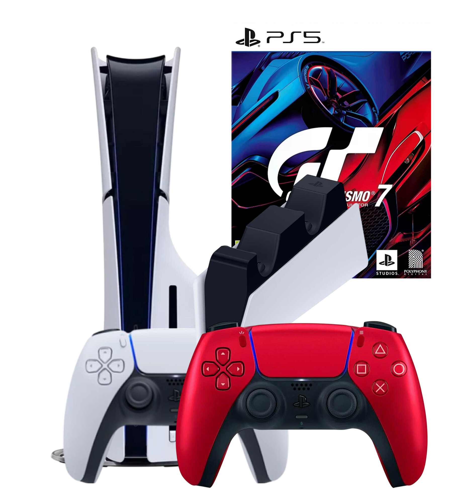 Игровая приставка PlayStation 5 Slim Disk + Gran Turismo 7+Dualsense Charging Station+DualSense PS5 Volcanic Red