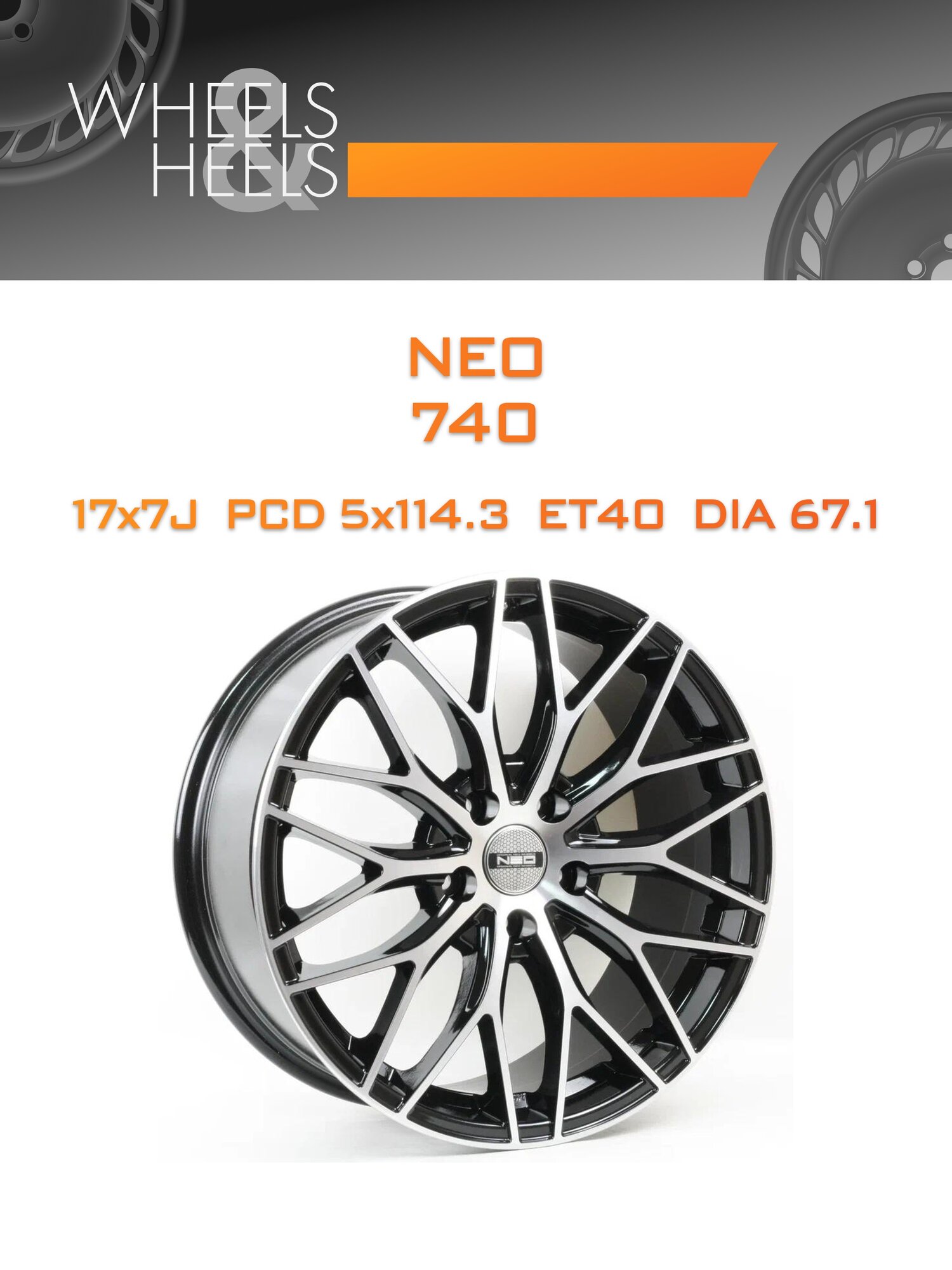 Диск автомобильный литой NEO 740 17x7 5x114.3 et40 dia67.1 Чёрный матовый с полированной лицевой частью