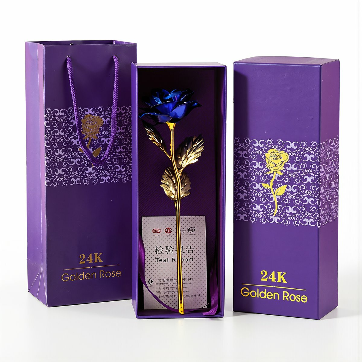 Роза из золота 24K стандартного размера в фиолетовой подарочной коробке с пакетом для поздравления на праздники Святого Валентина Рождества